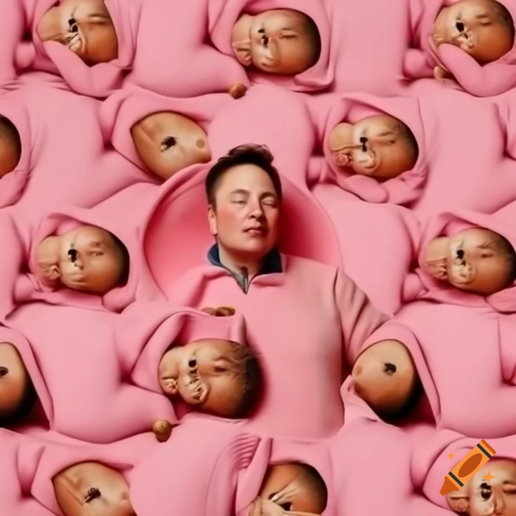 Elon musk wearing a pink onesie surrounded by twelve babies ...