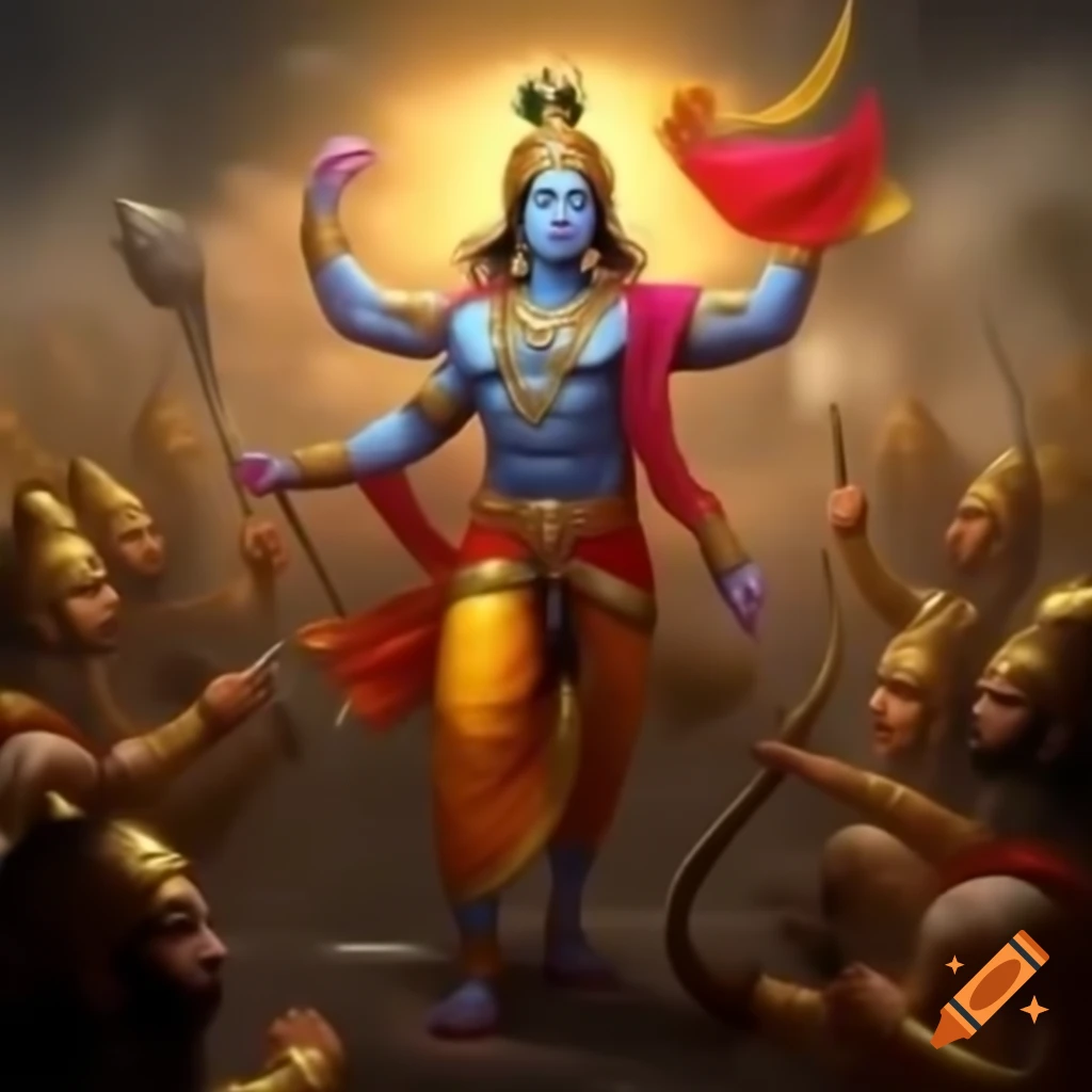 Krishna revealing his Vishwaroop to Arjun during Mahabharat war in Kurukshetra on Craiyon
