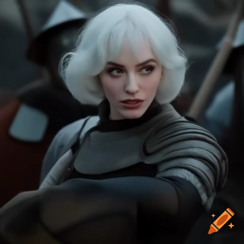 Ultra wide shot of female warrior cosplay with short white hair on Craiyon