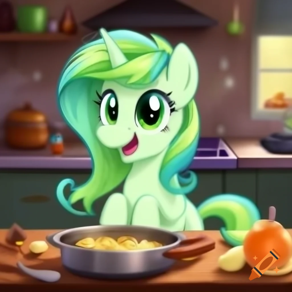 Cute green pony with rainbow hair surprised by butterfly on Craiyon