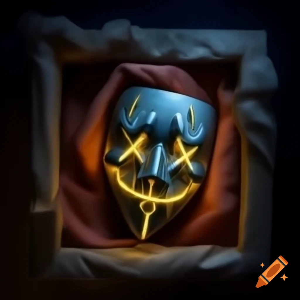 Ancient-looking mask with pulsing led lights in a mysterious box on Craiyon