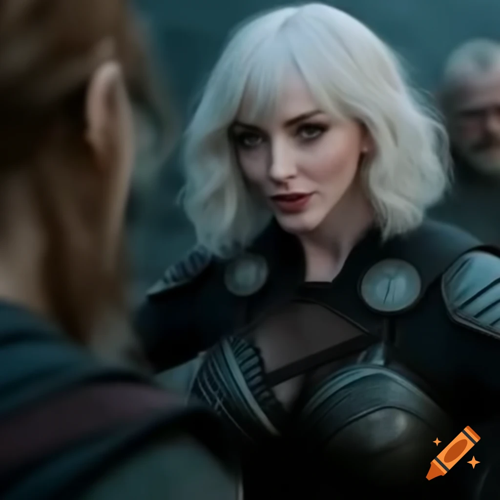 Ultra wide shot of cosplayer with short white hair as warrior, artwork ...