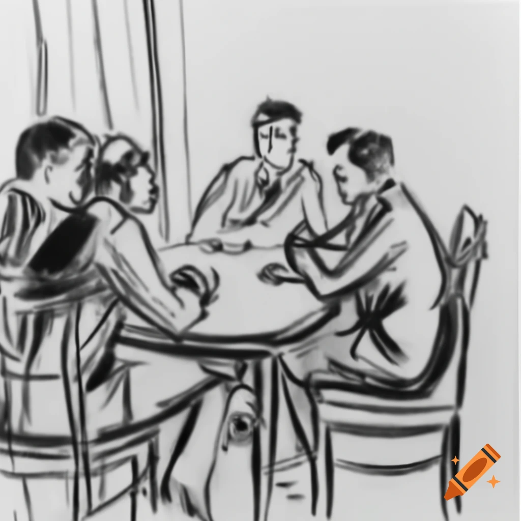 Black and white sketch of people conversing around a table on Craiyon