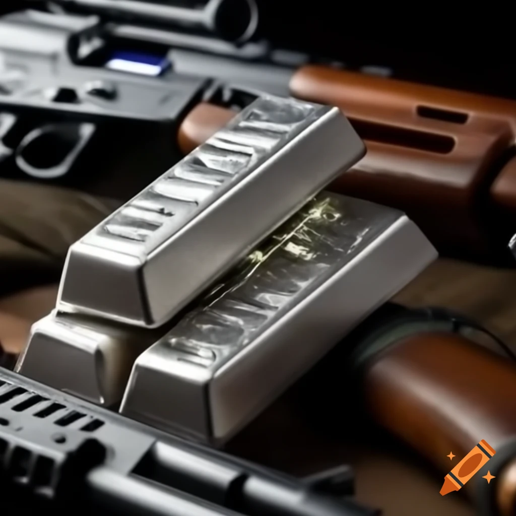 Stack of silver bullion bars with ak-47 rifle on Craiyon
