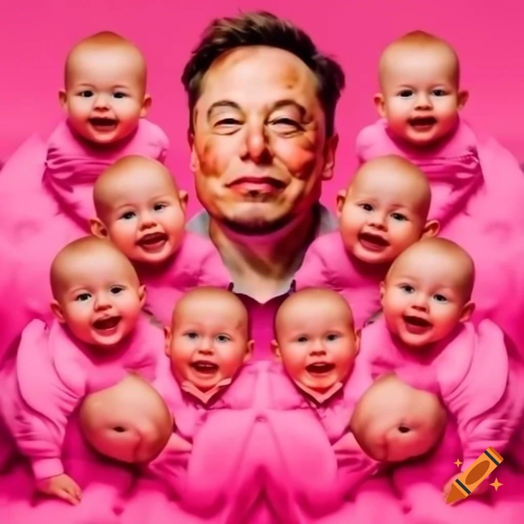Elon Musk wearing pink onesie surrounded by ten babies in ...