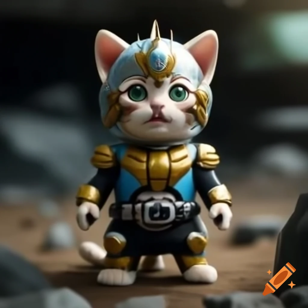 Cute kitten in Kamen Rider V3 costume standing in rock mining field on Craiyon