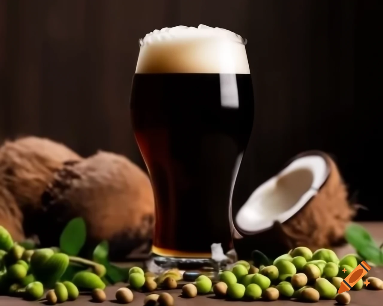 Dark beer with hops, grains, vanilla beans, and coconuts against a white grey and black ...