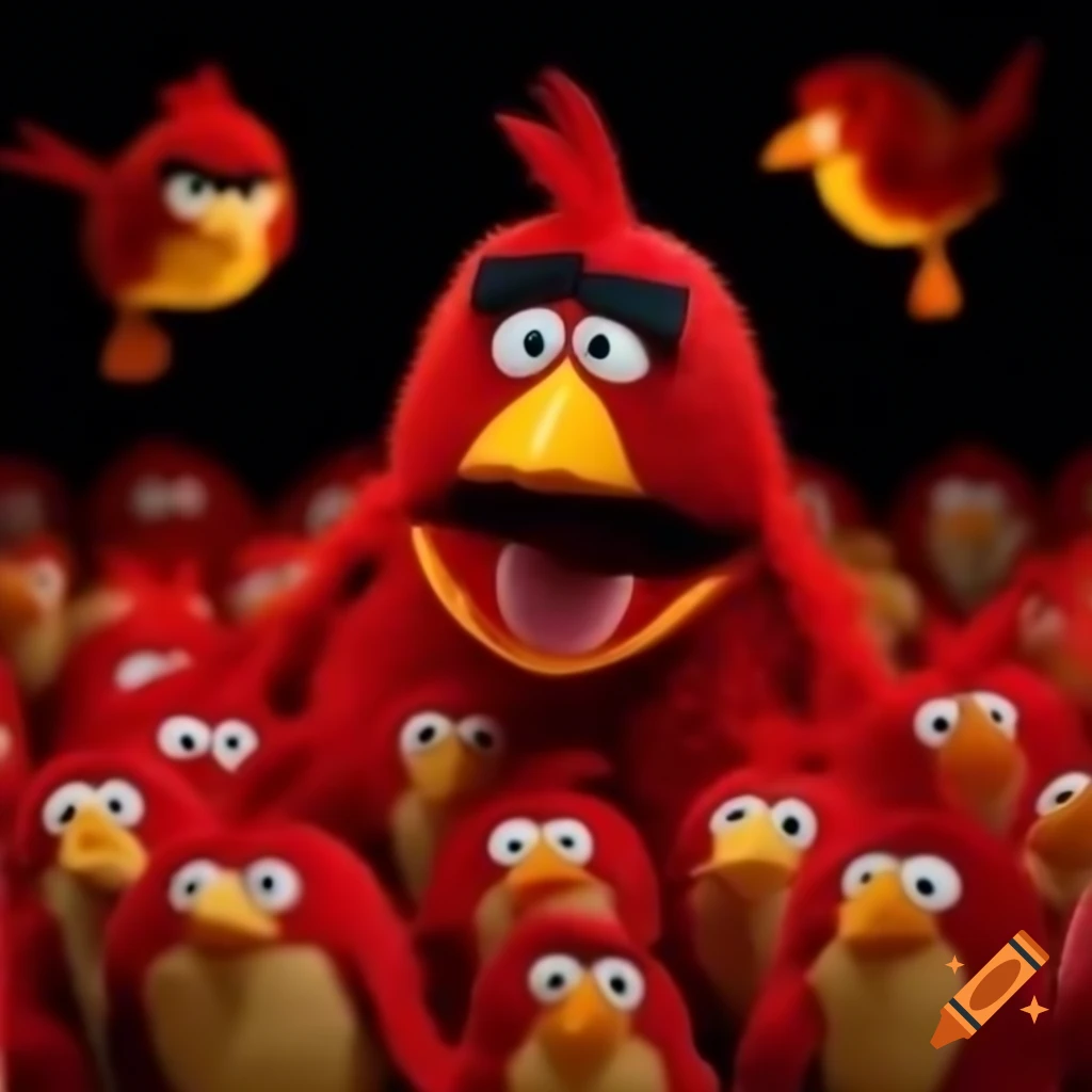 Photorealistic puppet resembling red from angry birds in theater ...