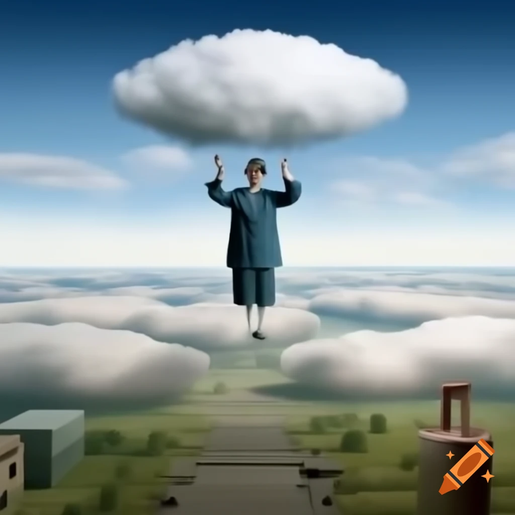 Person floating above shifting clouds in vibrant flowing clothes, surreal scene on Craiyon