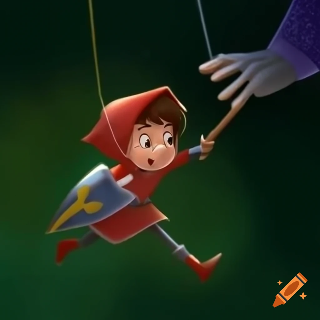 Cartoon kid knight hanging playfully on Craiyon