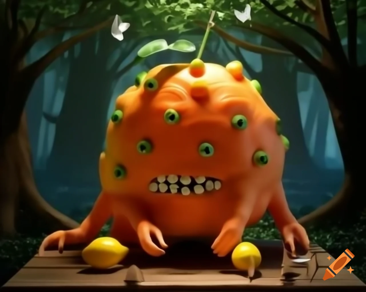 Humanoid orange fruit monster with eerie appearance and bark cloak on Craiyon