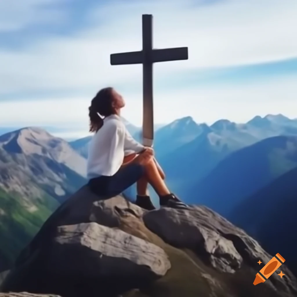 Young woman gazing at mountain cross on Craiyon