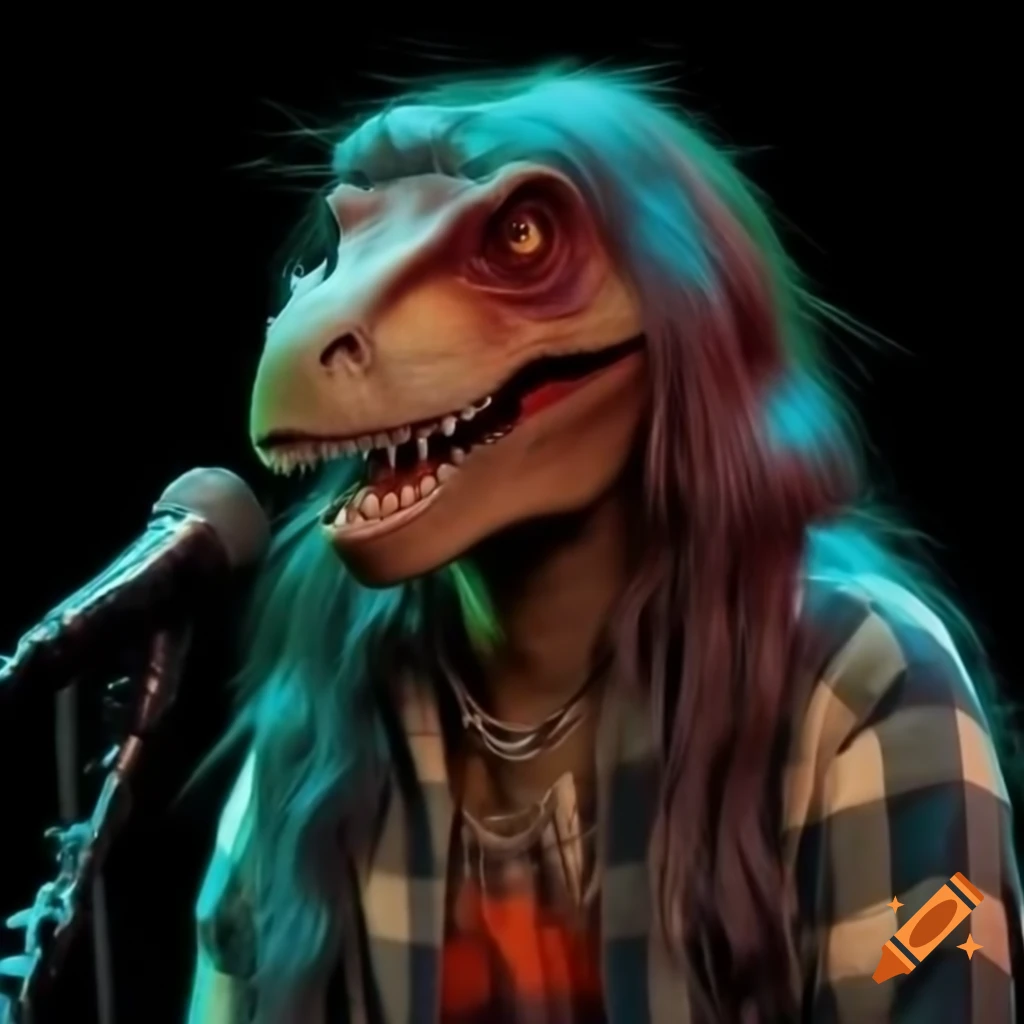 Dinosaur with long hair and flannel shirt singing into microphone on ...