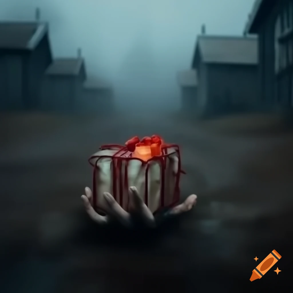 Close up of spooky hand crawling out of horror Christmas present in ...