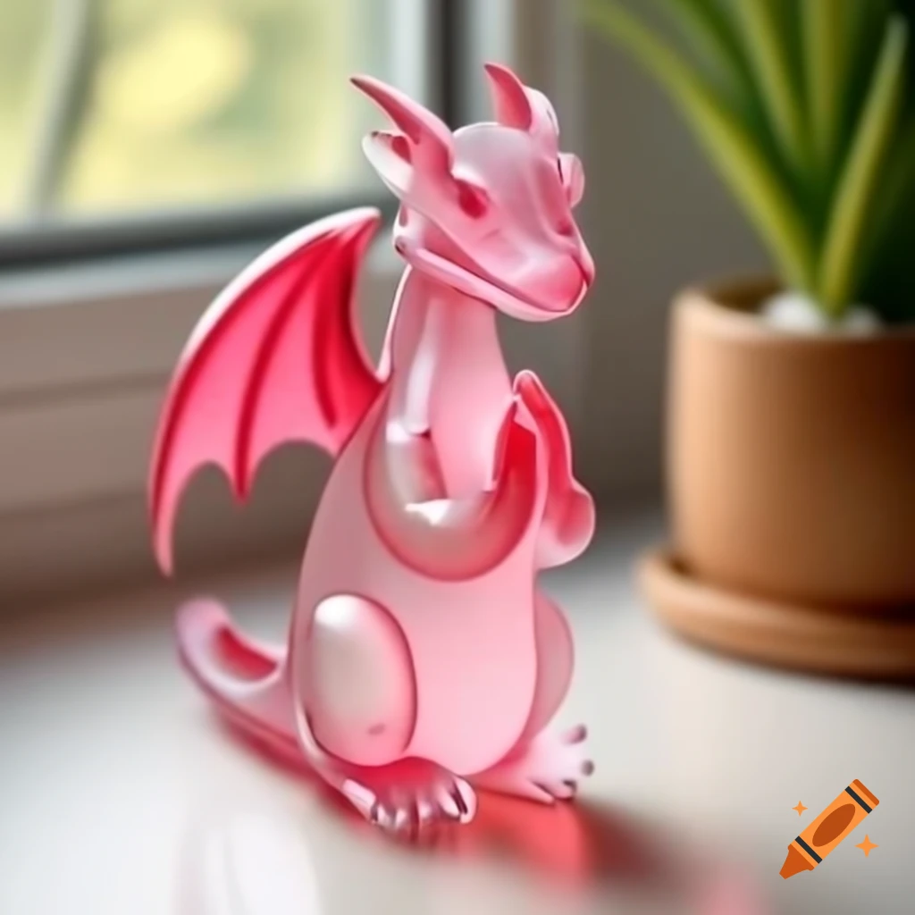 Small realistic pink glass dragon praying on windowsill on Craiyon