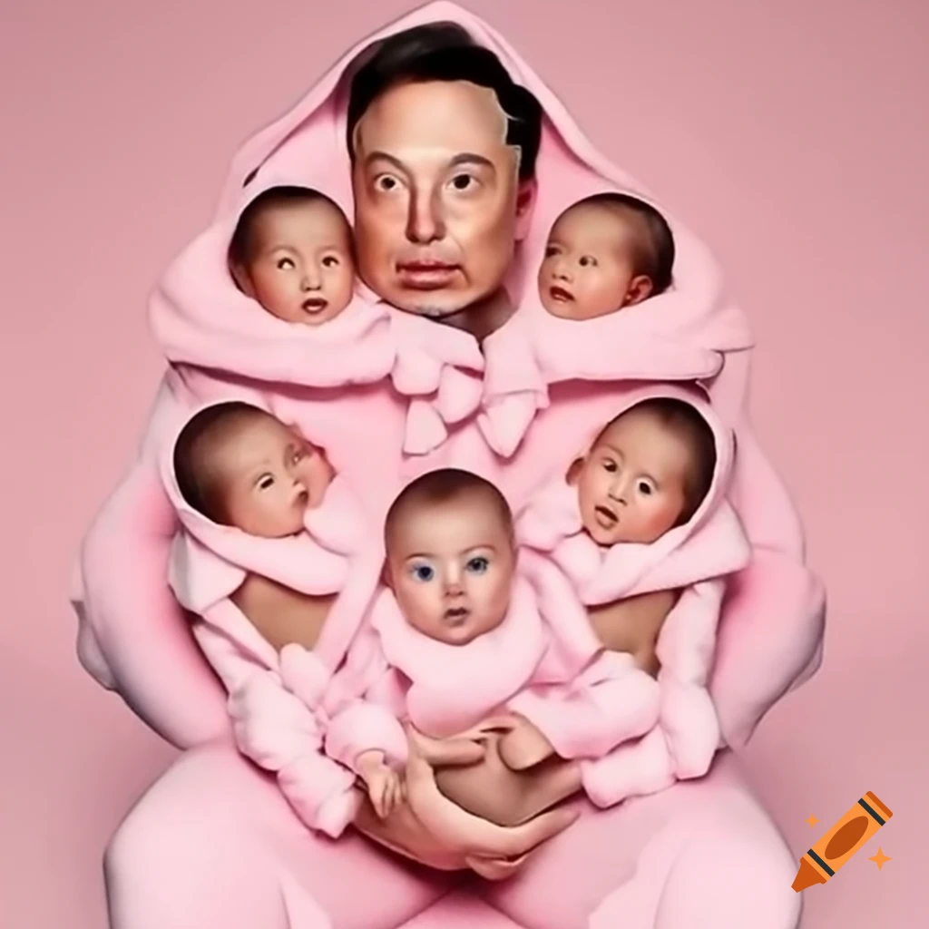 Elon Musk in pink onesie surrounded by twelve babies, photorealistic ...