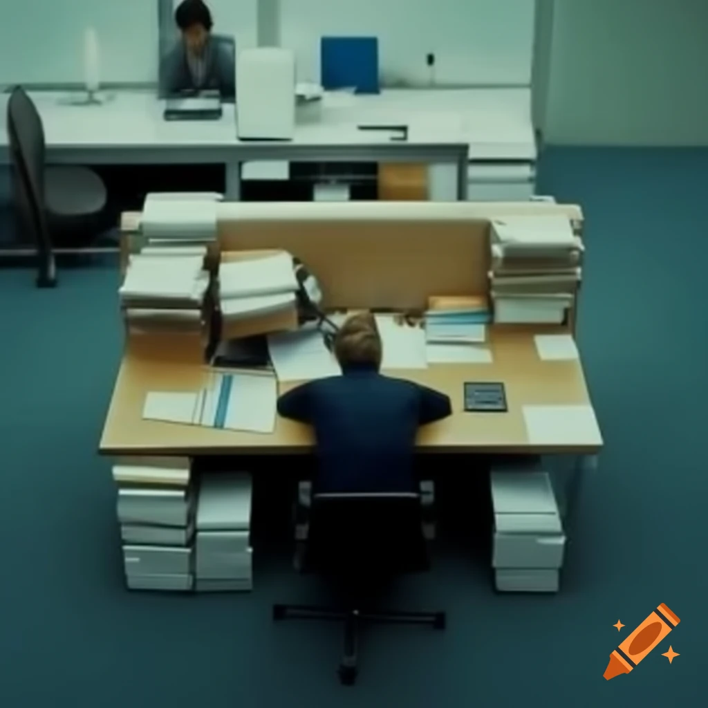 Office desk cluttered with folders and a man sleeping on it on Craiyon