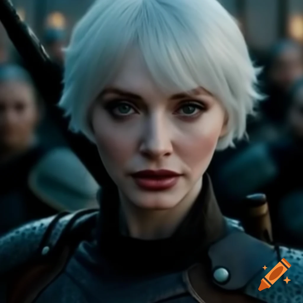 Ultra wide shot of cosplayer with short white hair as warrior, artwork ...