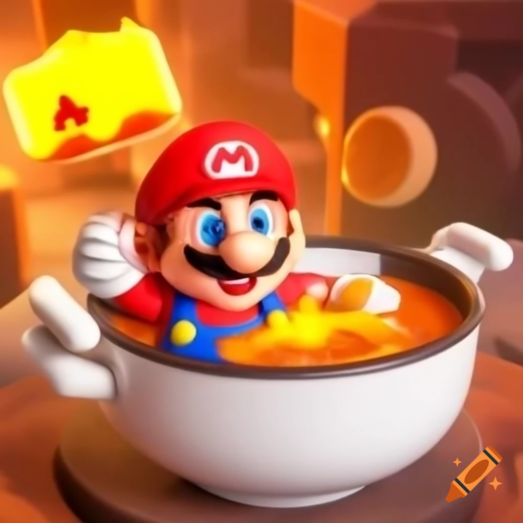 Mario character transformed into soup on Craiyon