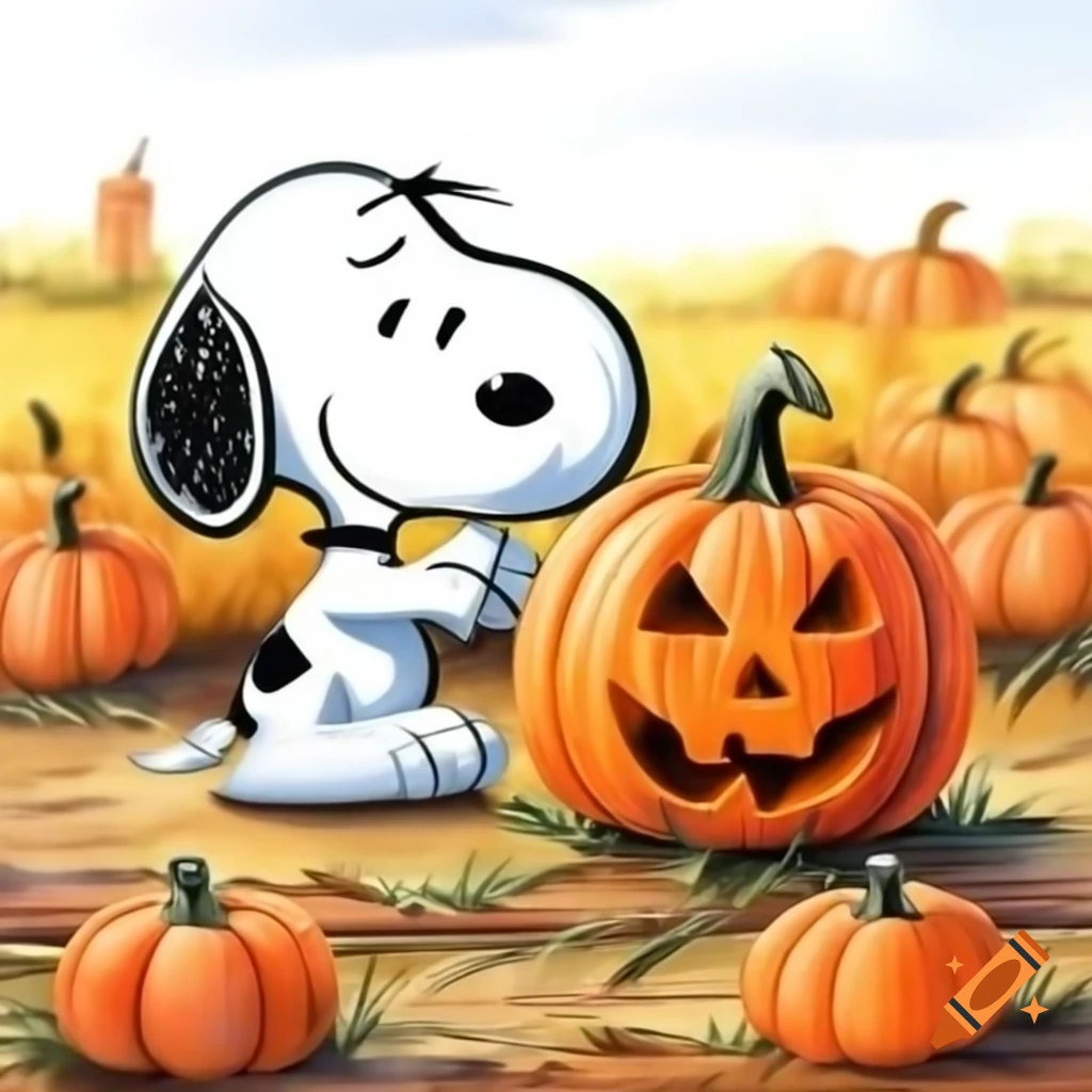 Snoopy the beagle carving a pumpkin in pumpkin patch, watercolor style ...