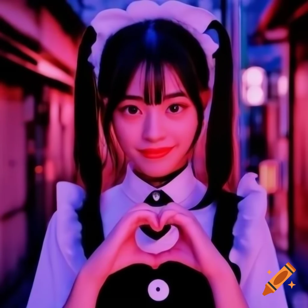 Young Asian woman with pink ombre hair in maid outfit standing against ...