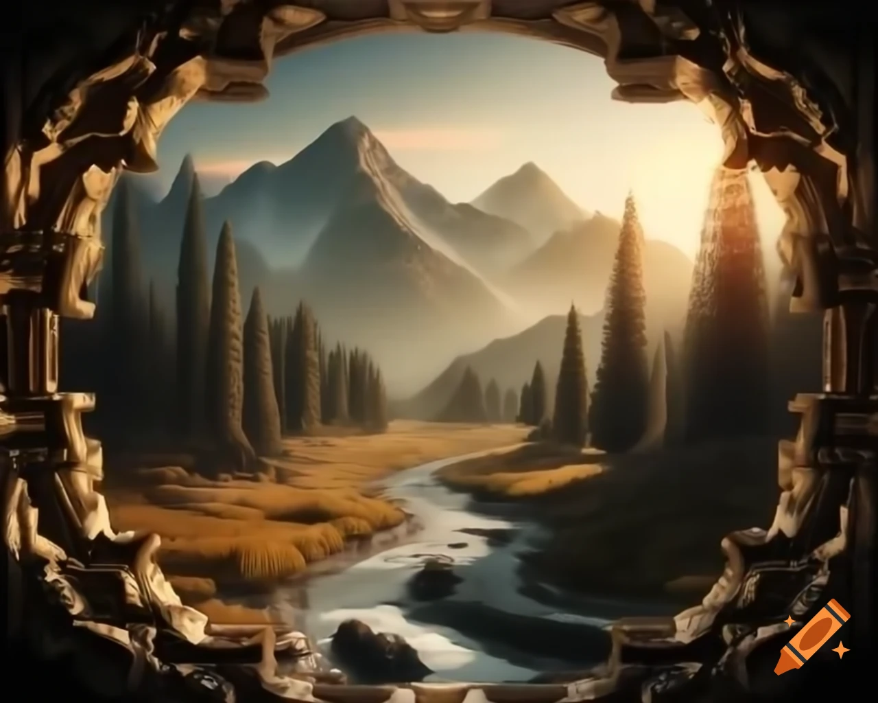 Ancient legendary photo frame made of gold with intricate carvings on ...