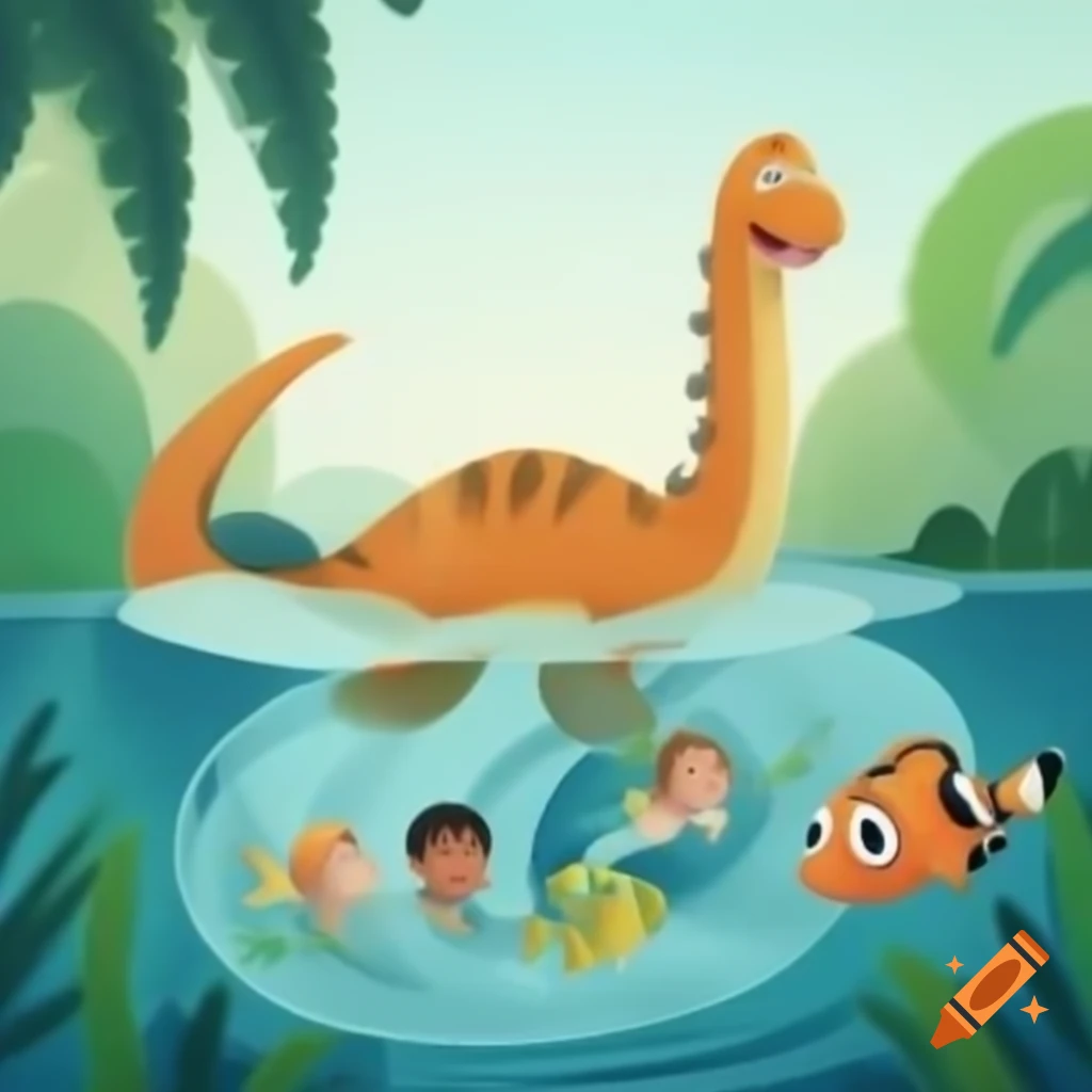 Dinosaur in swimming pool with smiling children and clownfish on Craiyon