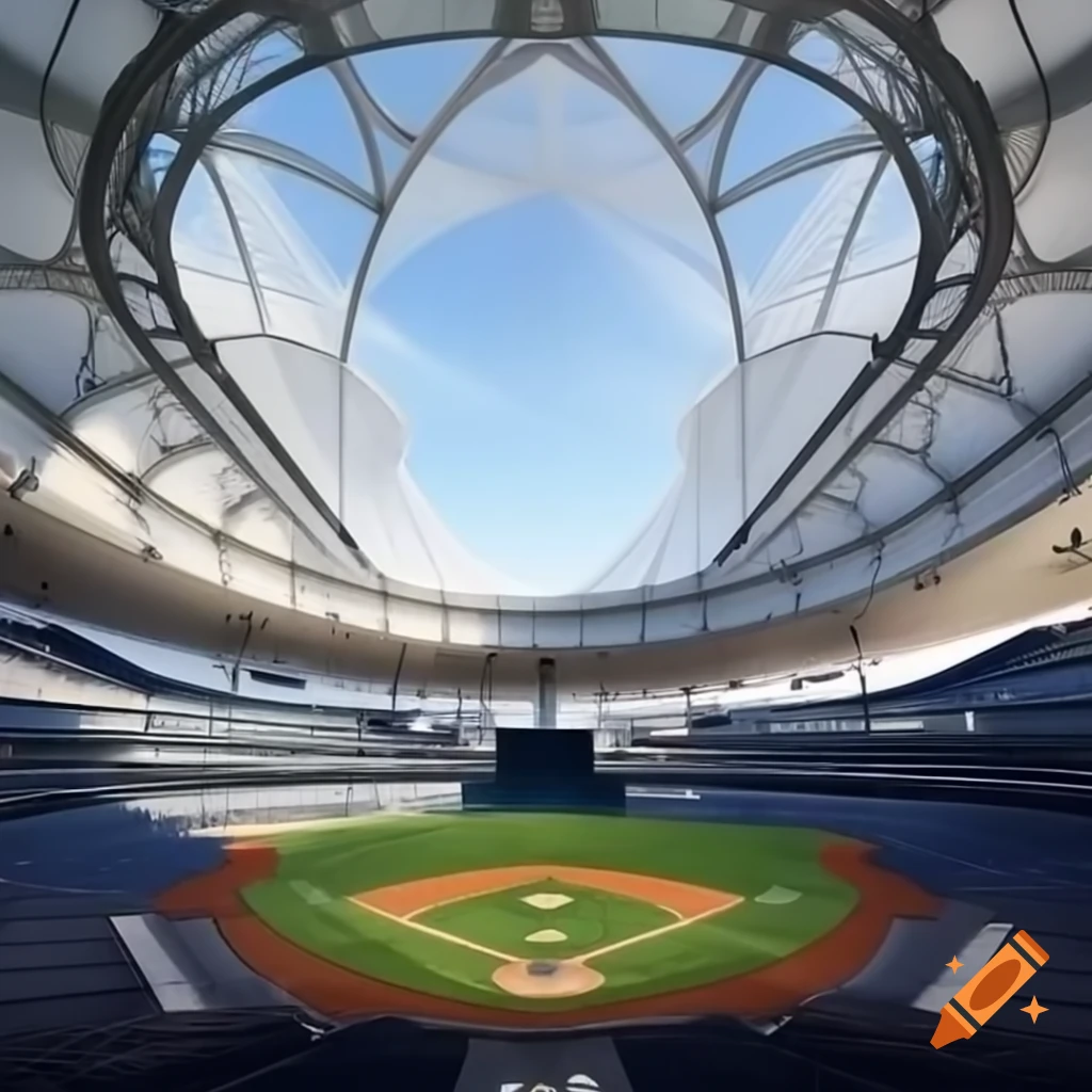 Baseball stadium with aerodynamic roof resembling aircraft wing and reflective glass on Craiyon