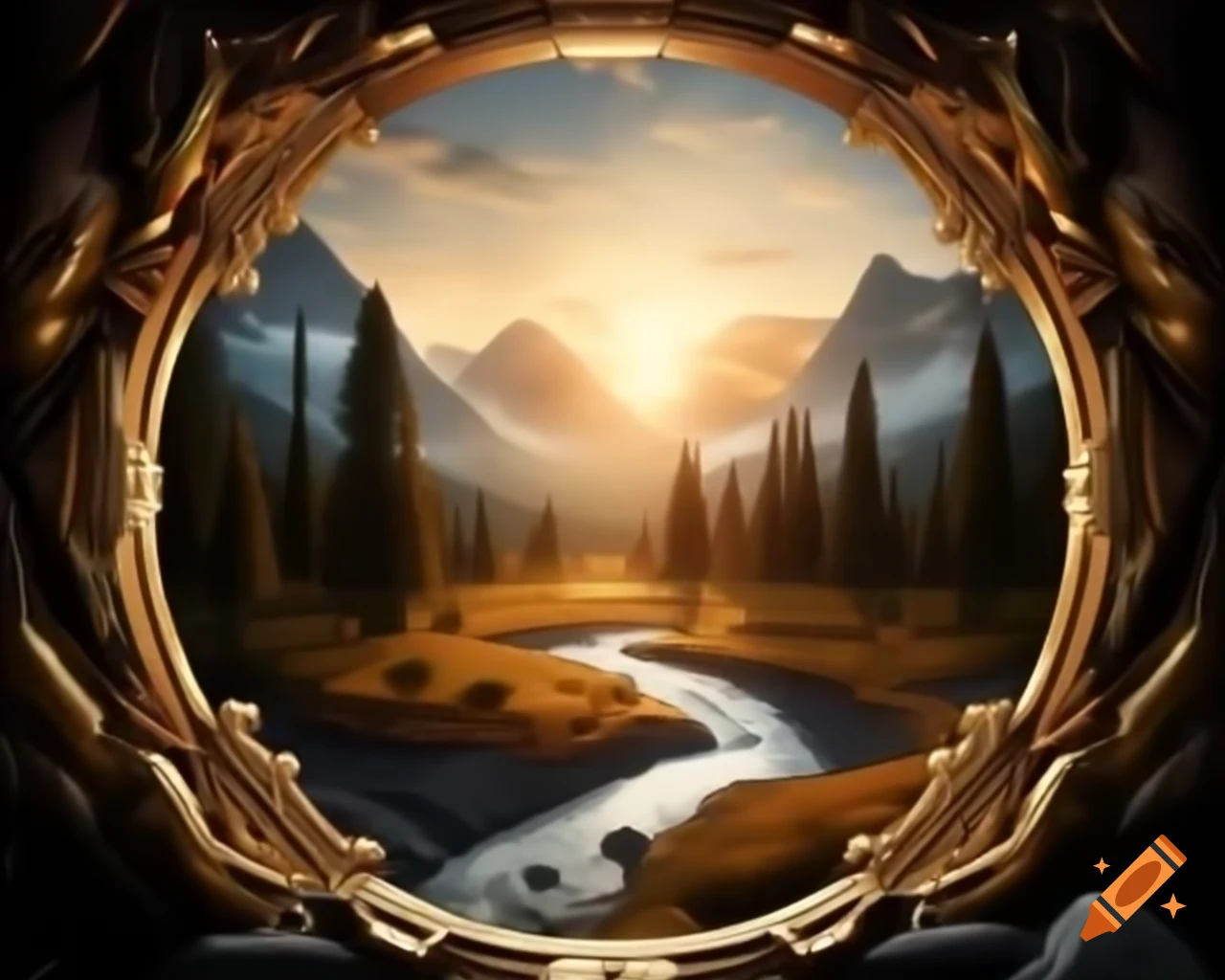 Ancient legendary photo frame made of gold with intricate carvings on ...