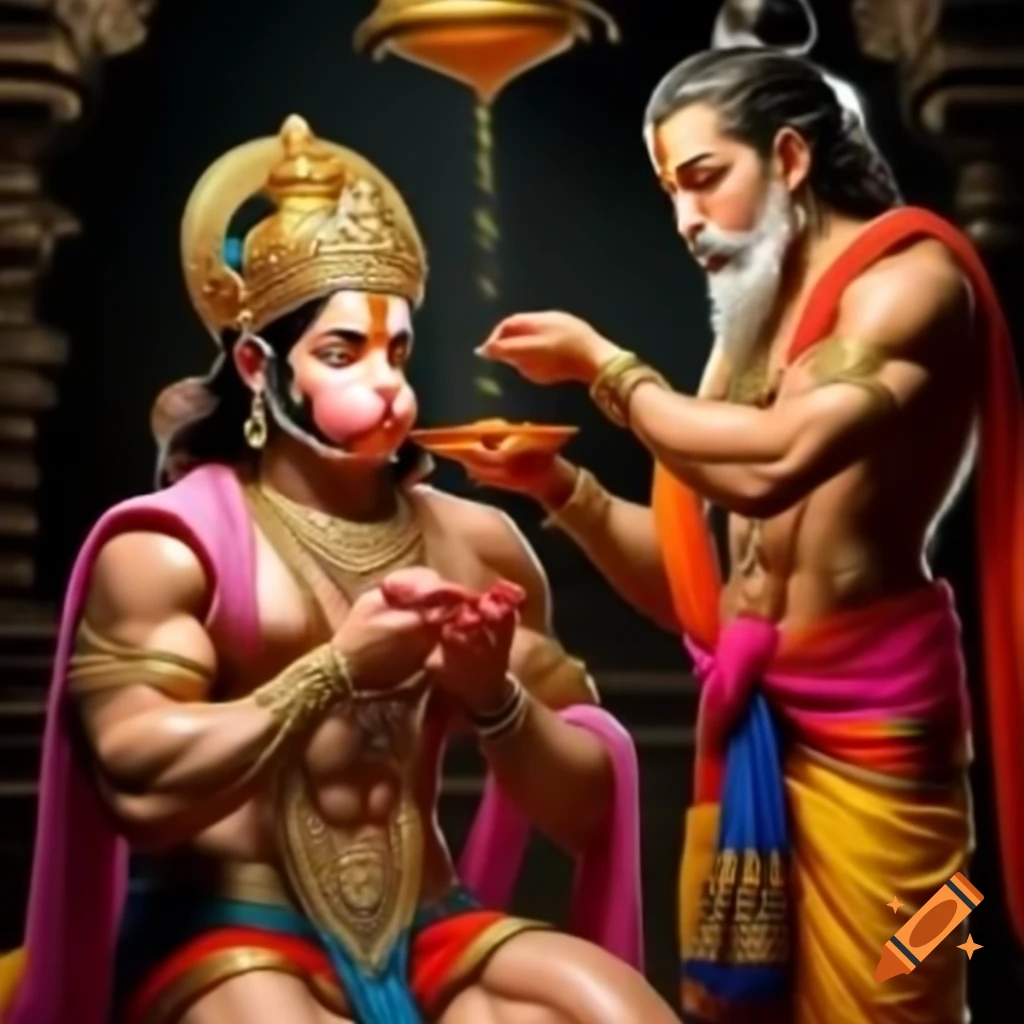 Saint receiving blessings from Lord Hanuman and Ram Ji on Craiyon