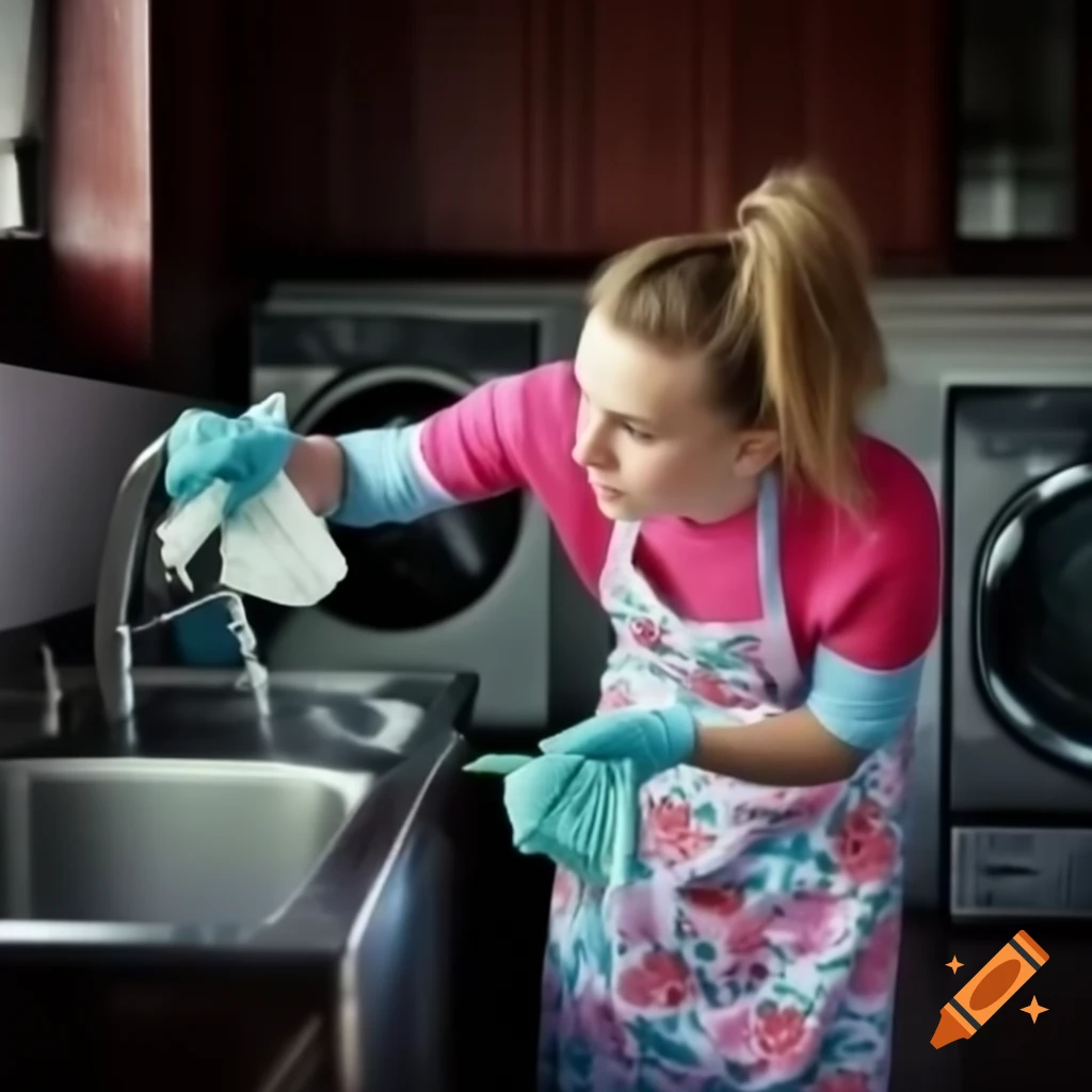 Caucasian housewife in floral apron washing laundry with soap on Craiyon