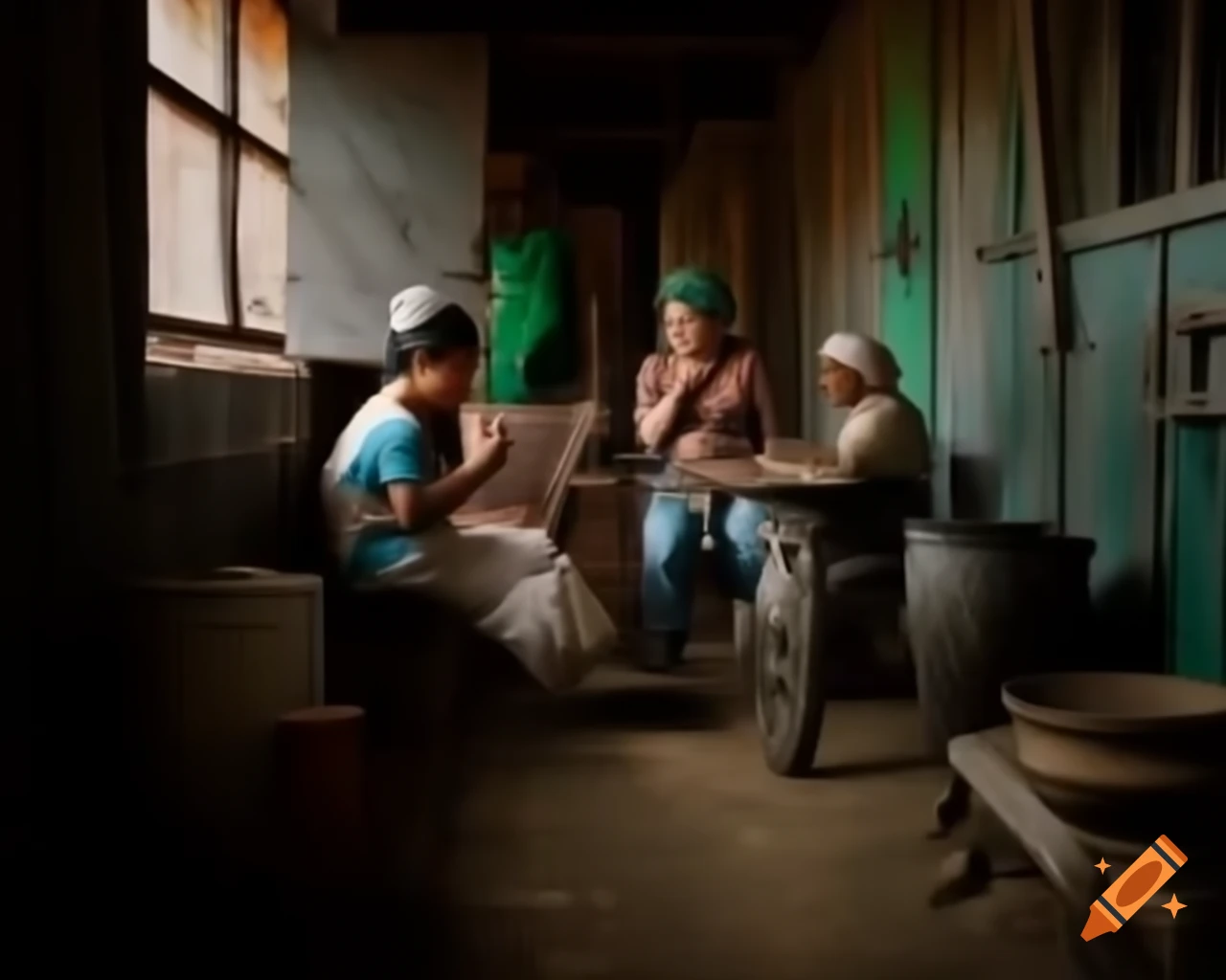 Busy farm scene with people working in rustic setting on Craiyon