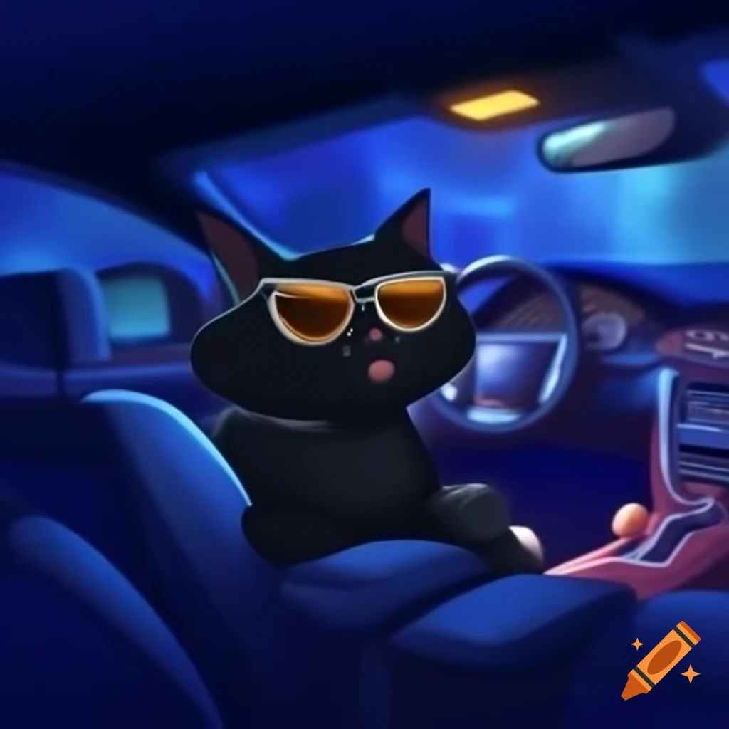 Cartoon art of black cat wearing sunglasses driving a cadillac at night ...