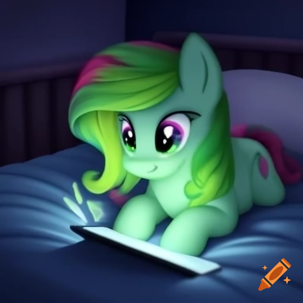 Cute green pony with Aurora mane using tablet in bed on Craiyon
