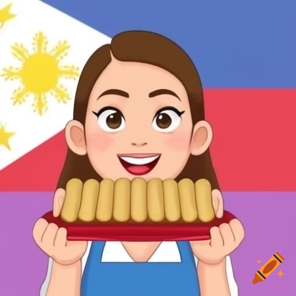 Cartoon woman serving lumpia with Filipino flag background on Craiyon