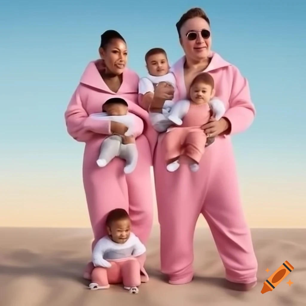 Elon Musk in colorful onesie surrounded by babies holding sign for ...