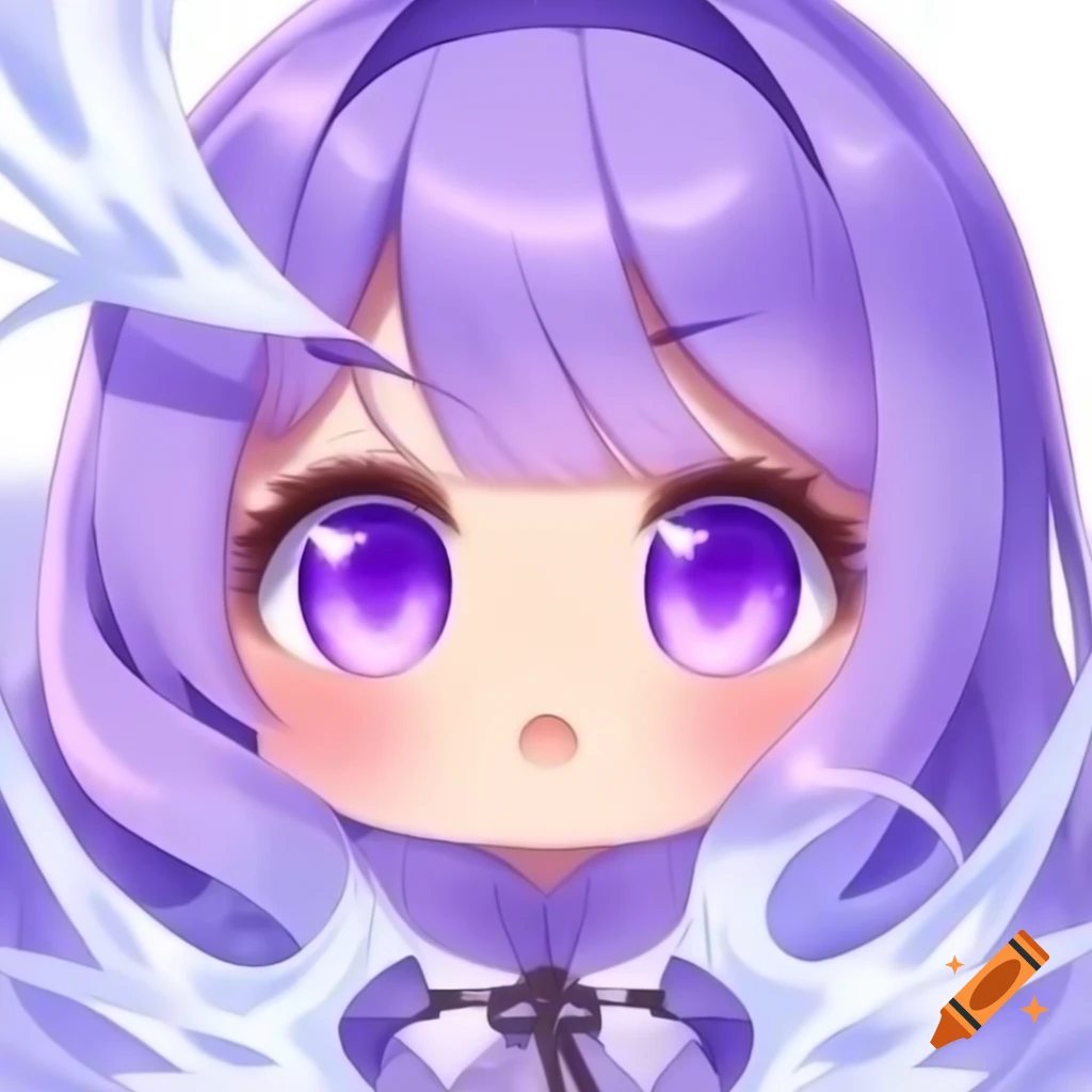 Chibi character with lavender hair and purple eyes in anime style on ...