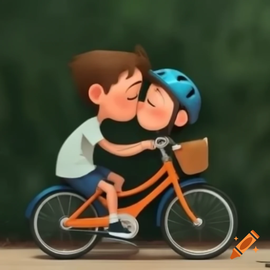 Boy affectionately kissing his bike on Craiyon