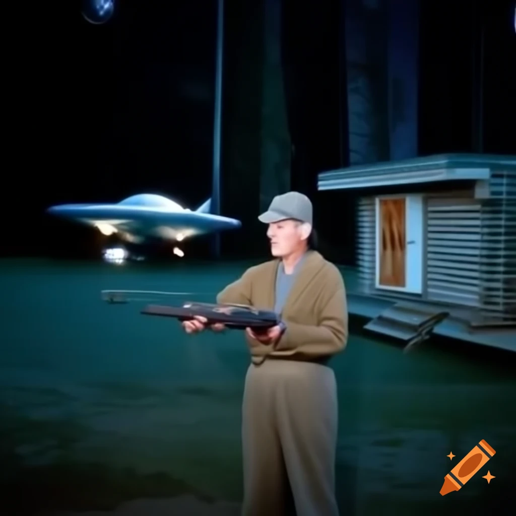Ufo hunter and videographer observing ufo landing near cabin in woods ...
