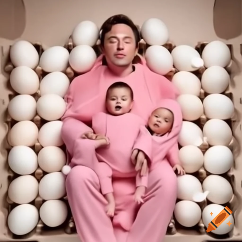 Elon Musk in pink onesie surrounded by babies in egg carton ...