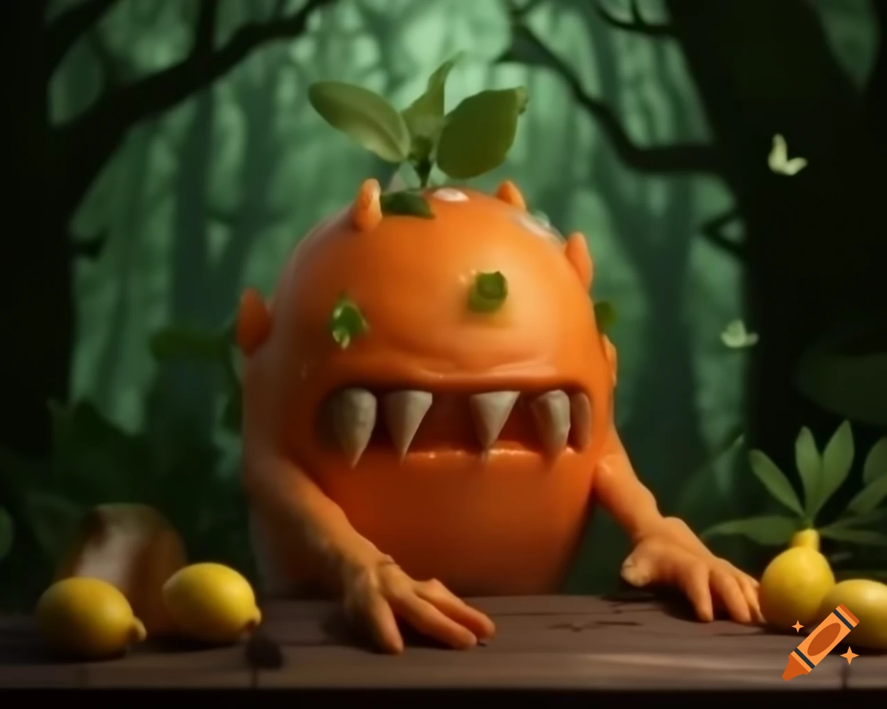 3D orange fruit tree monster with lemon face on wooden table in forest ...