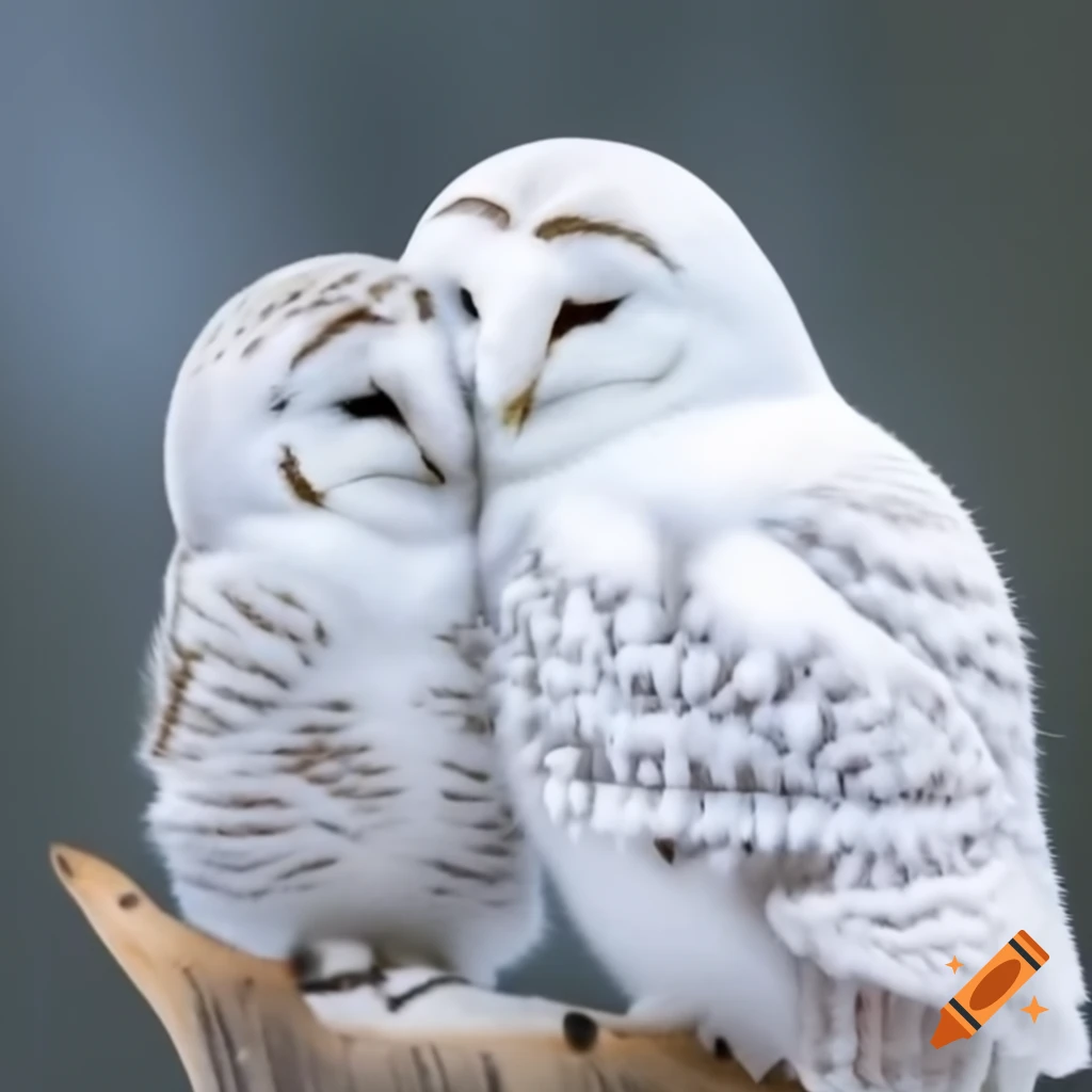 Snow owls interacting affectionately on Craiyon