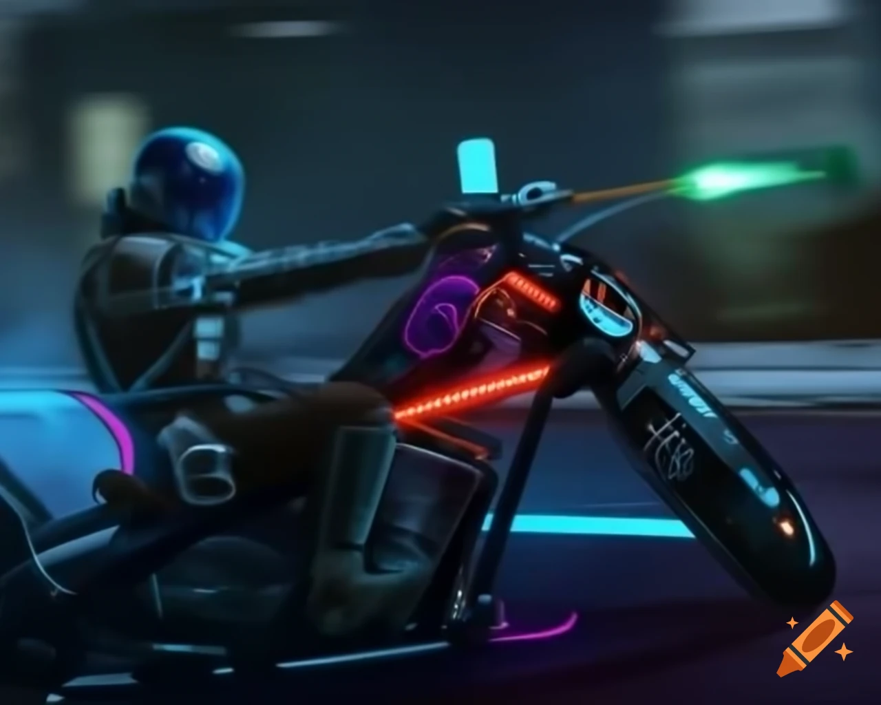 Space bounty hunter on cyberpunk chopper bike firing laser gun on Craiyon