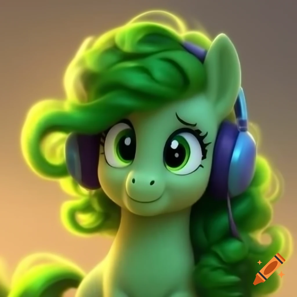 Cute green pony with curly hair wearing headphones on Craiyon