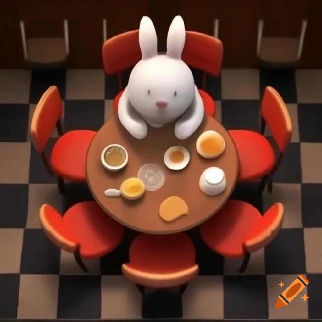 Cute rabbit on wooden diner table eating food from top view on Craiyon