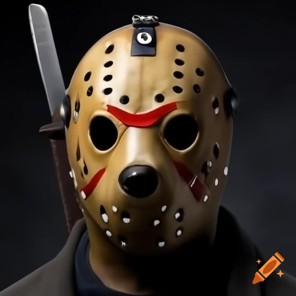 Realistic dog wearing Jason Voorhees mask with machete on Craiyon