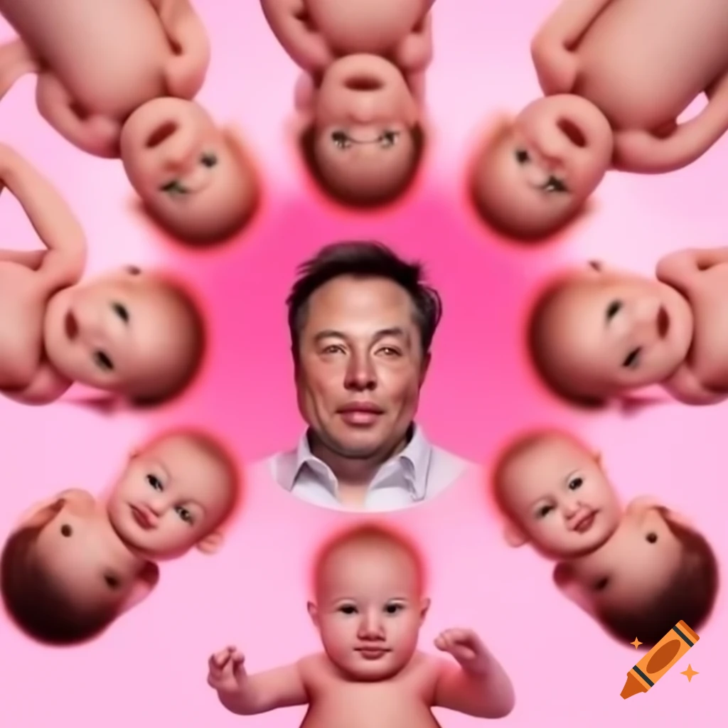 Elon Musk wearing pink onesie surrounded by ten babies in ...