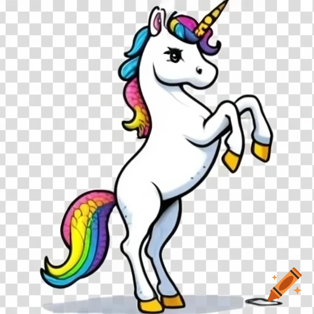 Cartoon sparkling unicorn with lifted front and back legs on Craiyon