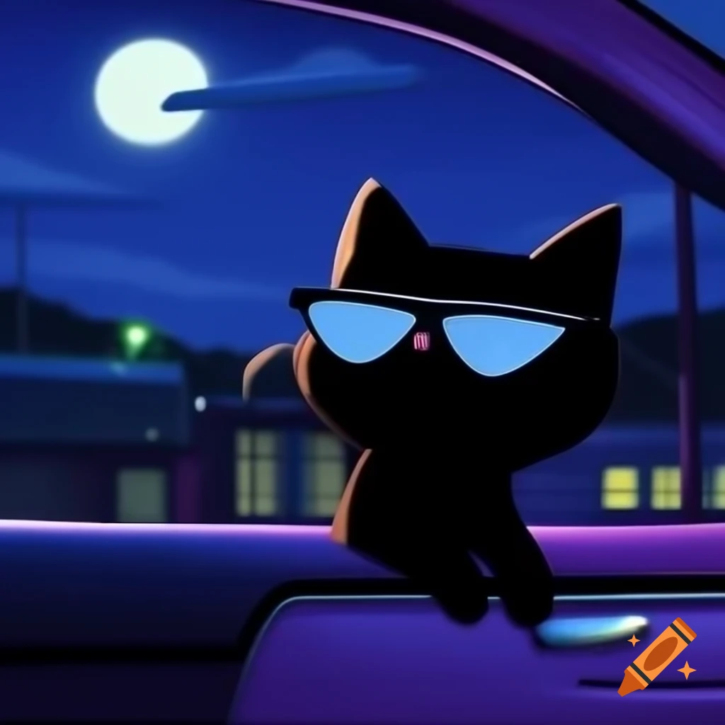 Cartoon of black cat with sunglasses driving cadillac at night on Craiyon