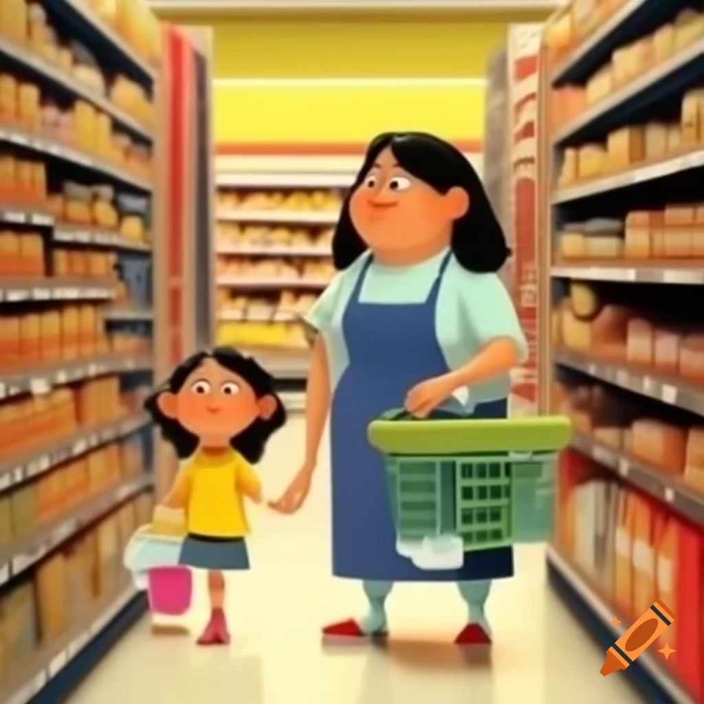 Cartoon mother and daughter shopping in grocery store on Craiyon